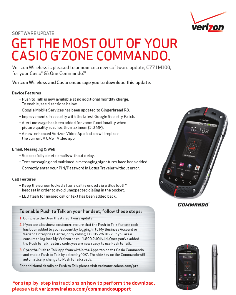 Casio G'zOne Commando Receiving Update C771M100 With Free Push-To-Talk ...