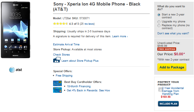[Deal Alert] AT&T's Sony Xperia Ion 4G On Sale At Best Buy For $0.00 ...