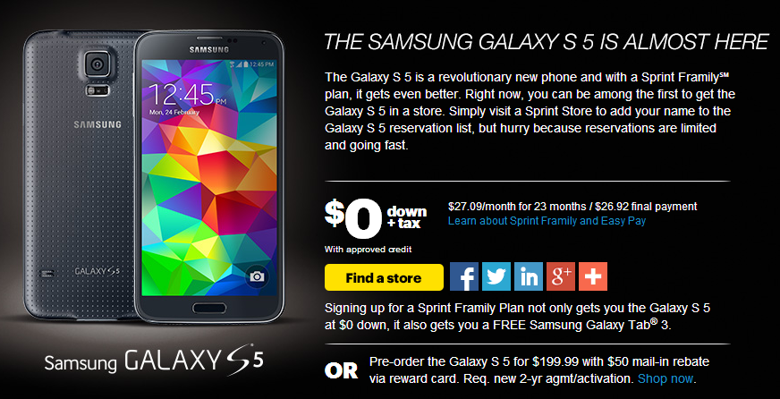 Sprint Samsung Galaxy S5 Preorders Are Live With Your Choice Of $199.99 ...