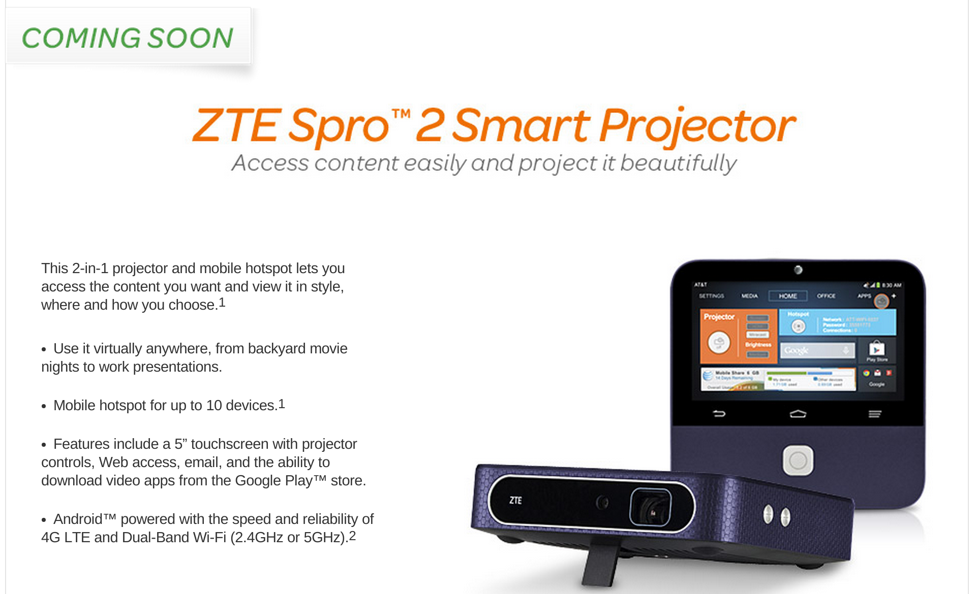 AT&T Will Exclusively Offer The ZTE Spro 2 Smart Projector Starting ...