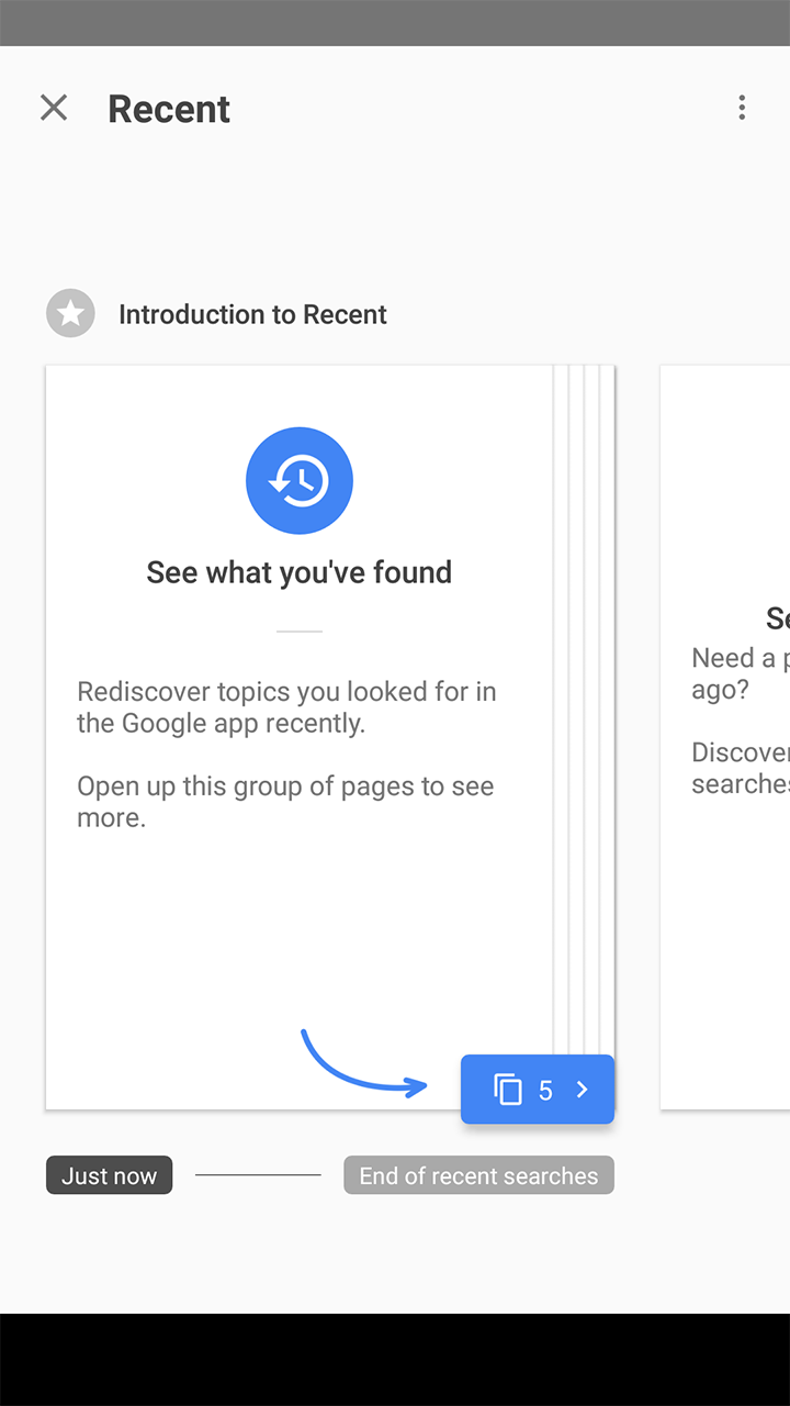 The visual Recent search interface in the Google app appears to be on a ...