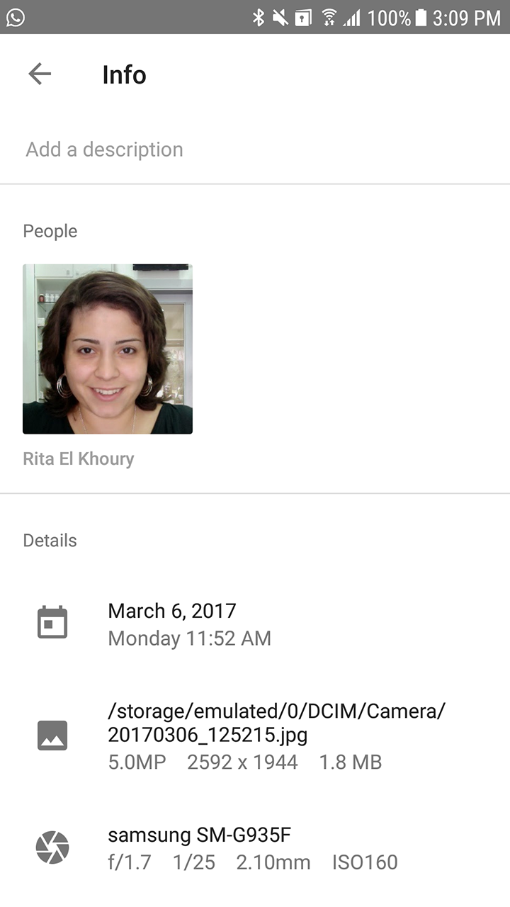 Google Photos details info page shows you the people inside a photo