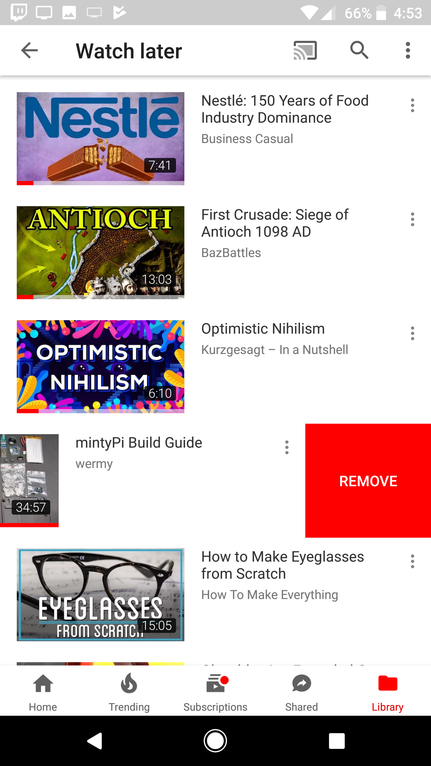 Here's a thing: you can swipe to remove videos from lists in YouTube ...