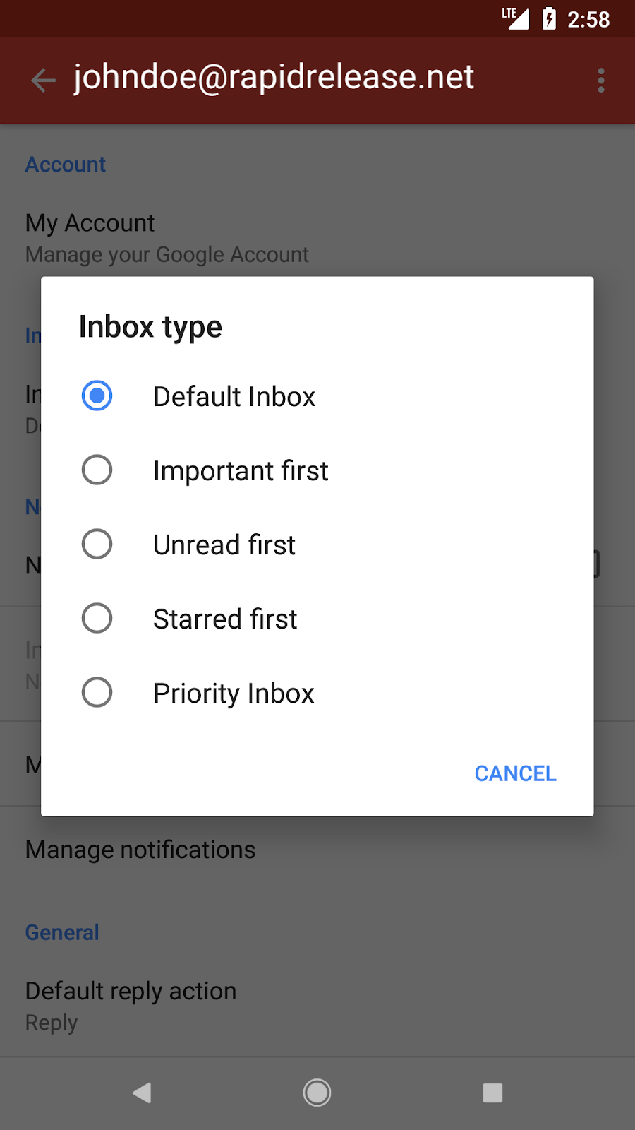 [Update: Default can't be changed] Inbox types are now supported in the Gmail app for Android