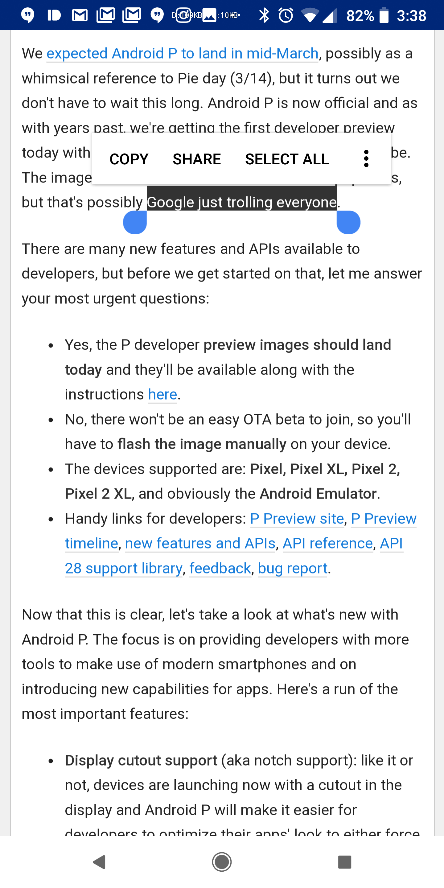 Android P Feature Spotlight The Text Selection Popup Gets A Slight Redesign Including No More