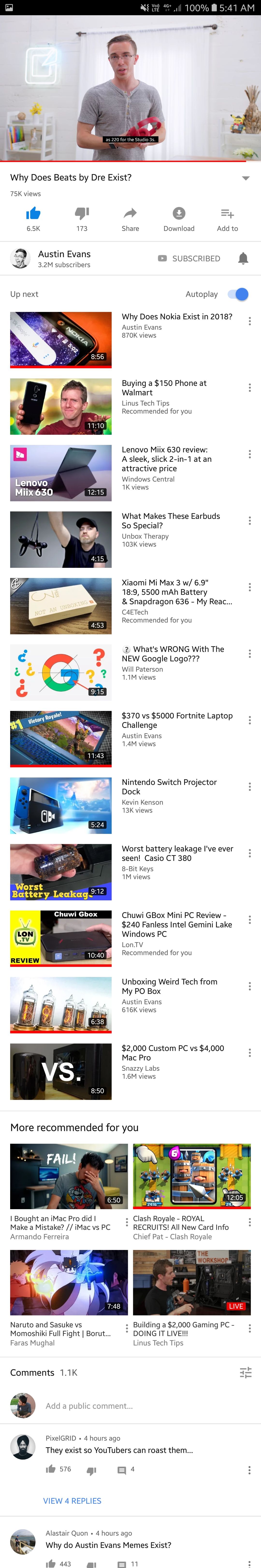 YouTube testing more personal recommendations below every video