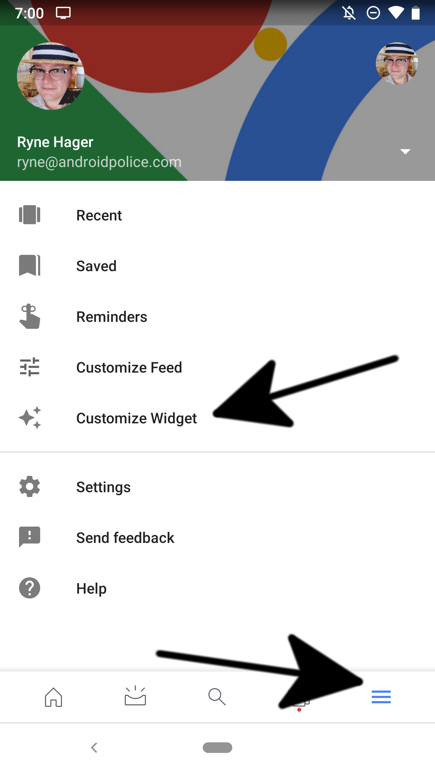 Google search widget customization silently returns
