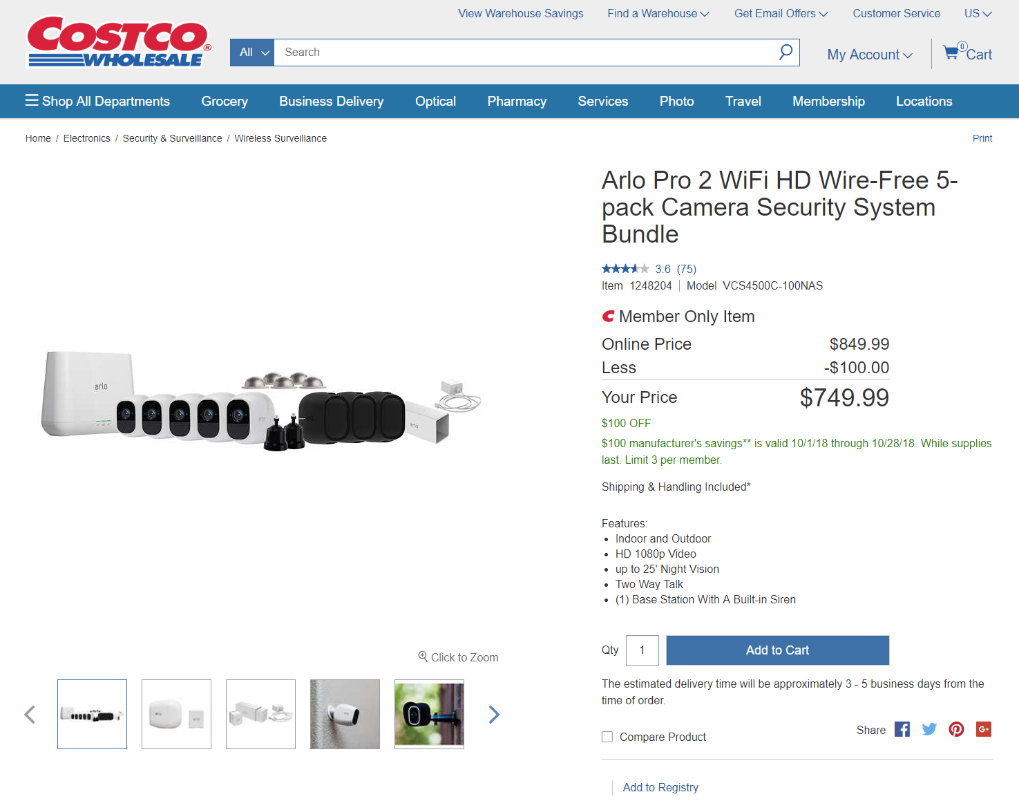 Deal Alert Arlo Pro 2 bundle 750 at Costco 100 off