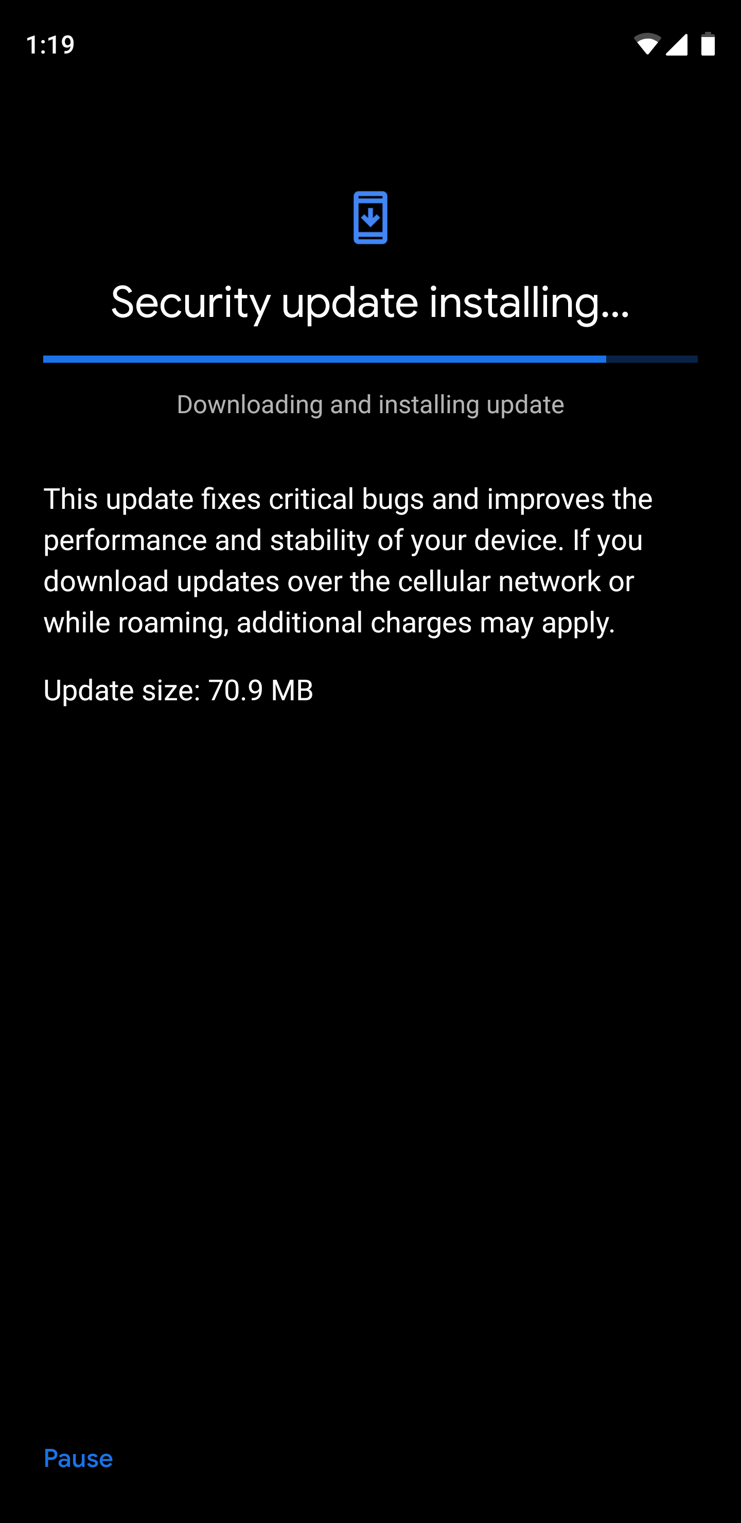 The Pixel update screen now has dark mode, shows progress percentage ...