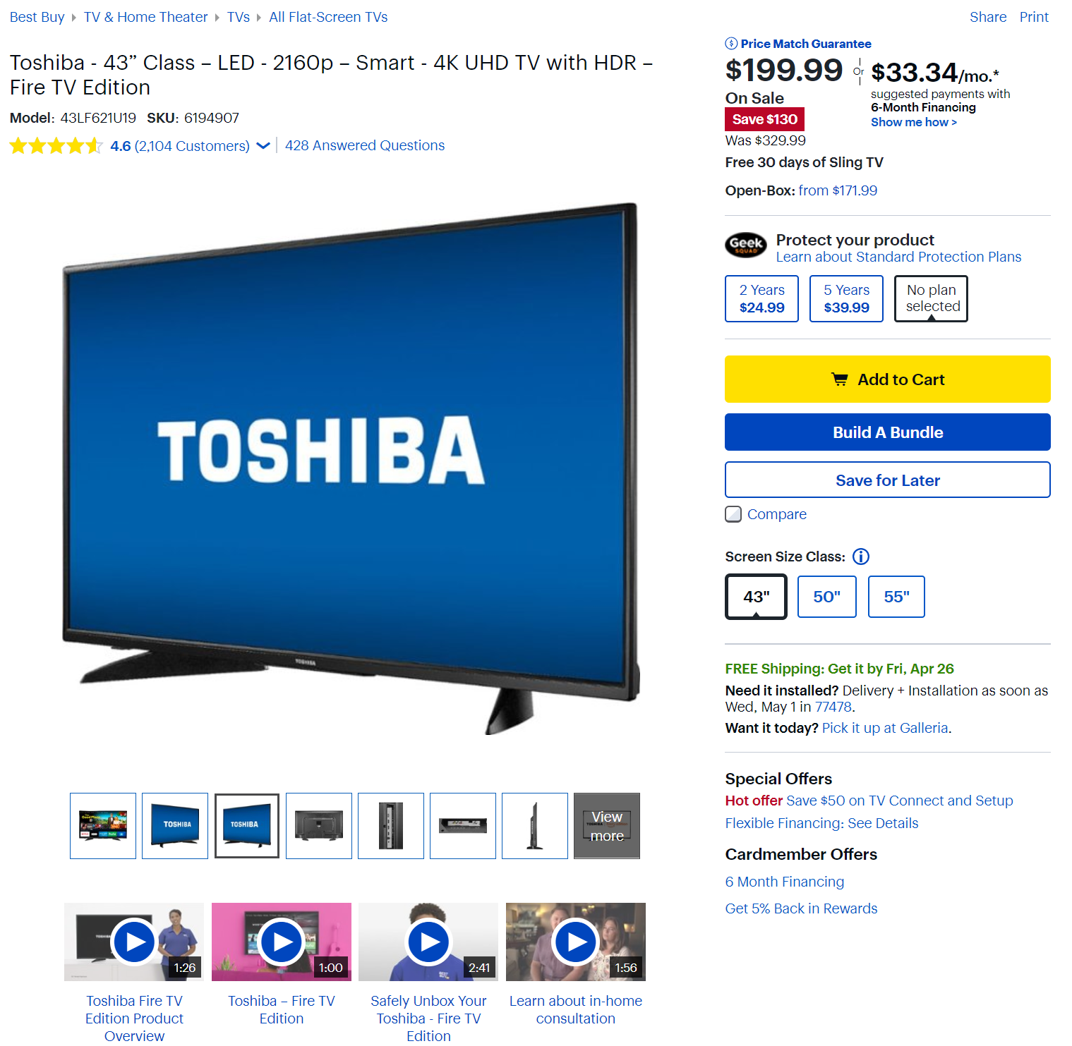 Best Buy has 55" and 43" 4K Fire TVs on sale for $250 and $200