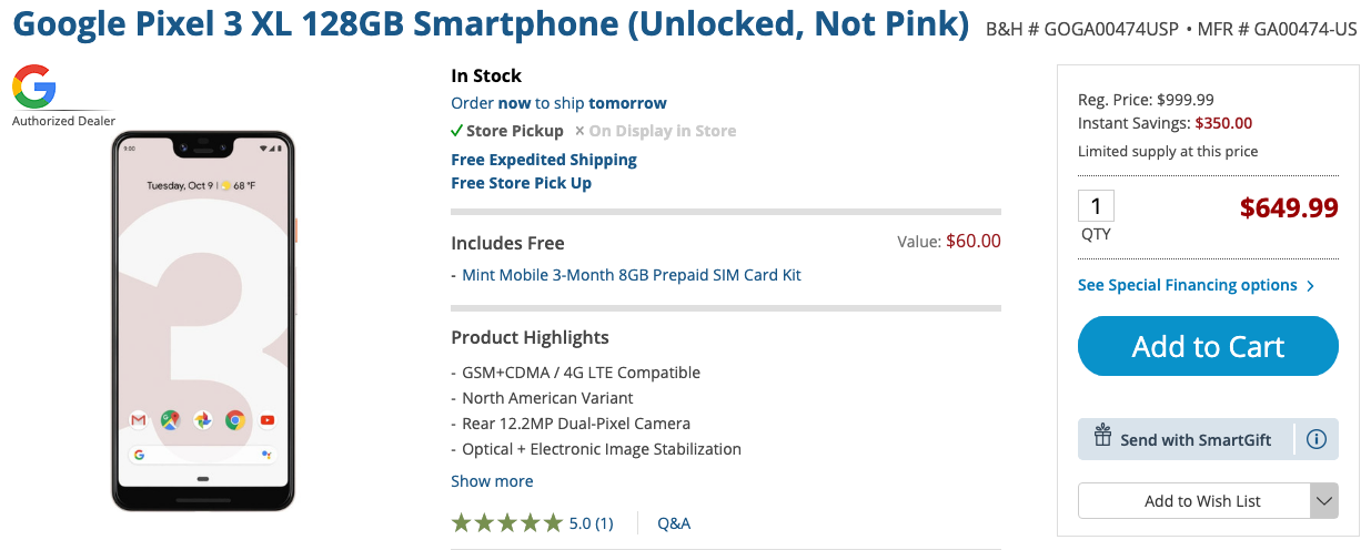 The 128GB (Not) Pink Pixel 3 XL is only $650 ($350 off) from B&H