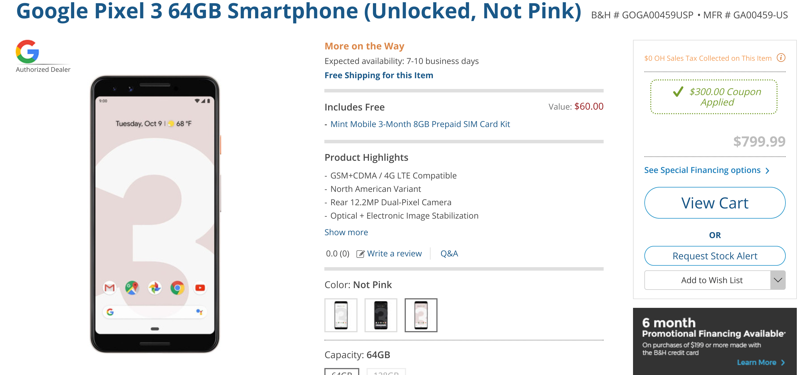 You can snag a Not Pink Pixel 3 for just $500 ($300 off) at B&H