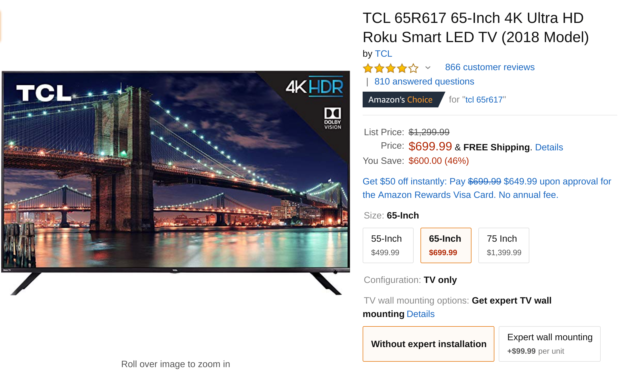 Save over $100 on TCL's highly rated 6 Series 4K Roku TVs