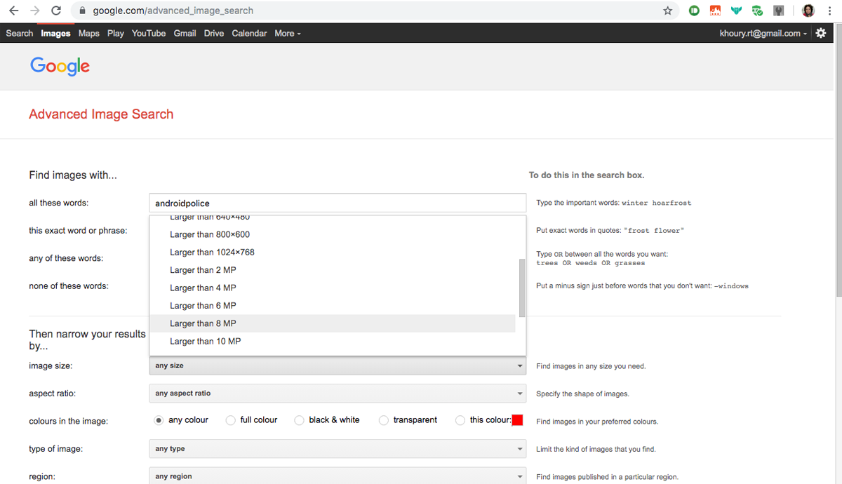 How to get back 'exact size' and 'larger than' search filters on Google ...