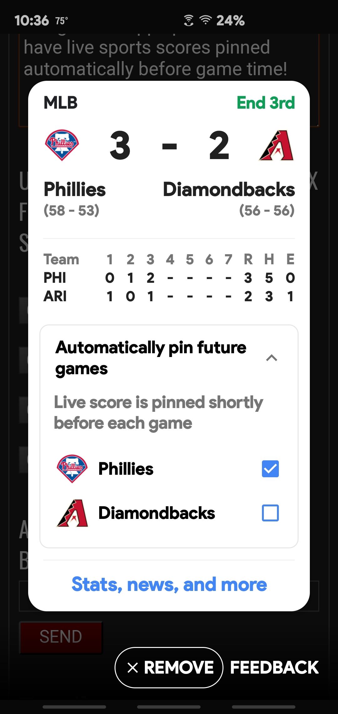 Google automatically pins live scores for your favorite team s future matches