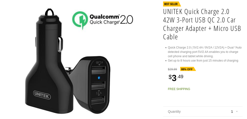 Get a Qualcomm Quick Charge 2.0 car adapter for just $3.50