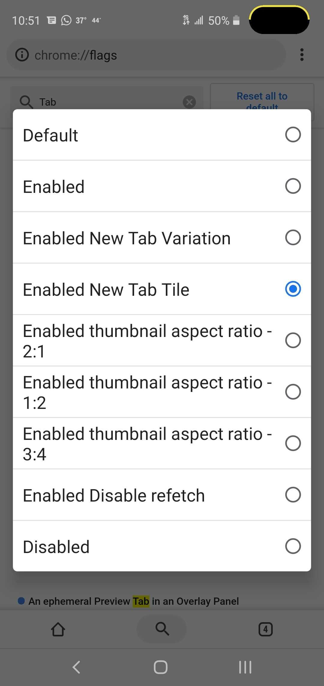 New Chrome Duet only has three bottom buttons, makes you choose between tab switcher and share
