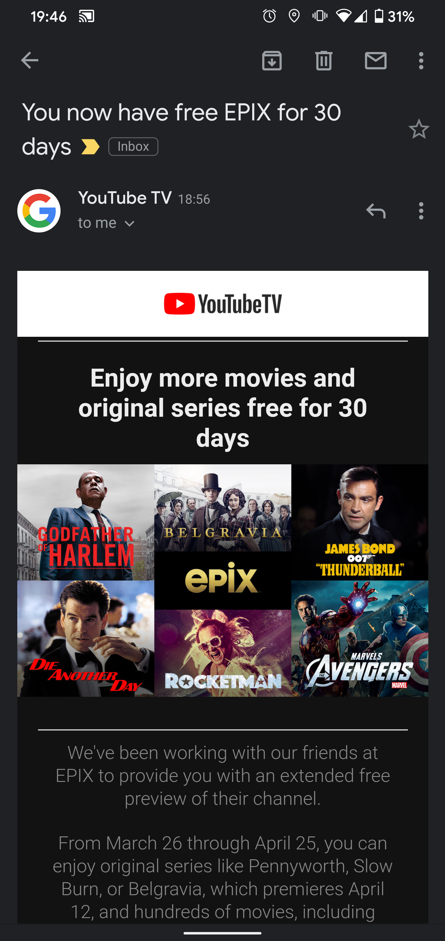 YouTube TV makes EPIX channel free for all subscribers until April 25