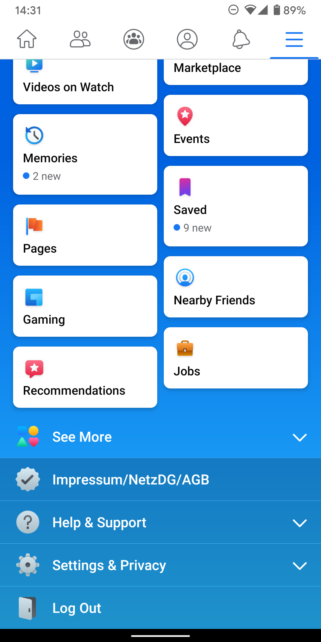 The Facebook app has a new, very blue menu