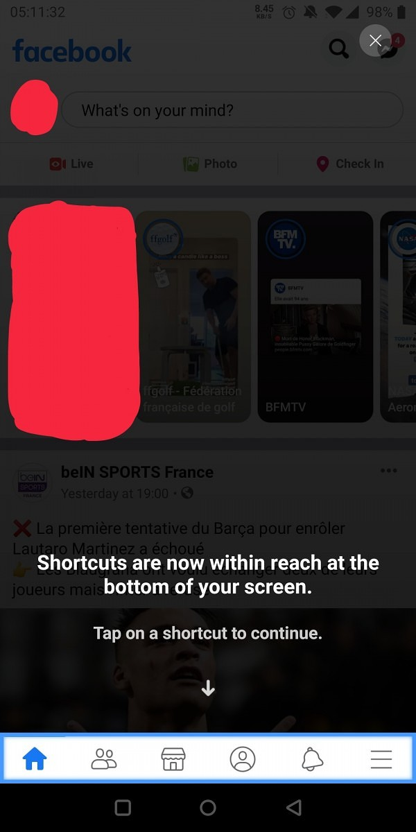 The Facebook app switches to a bottom bar for some
