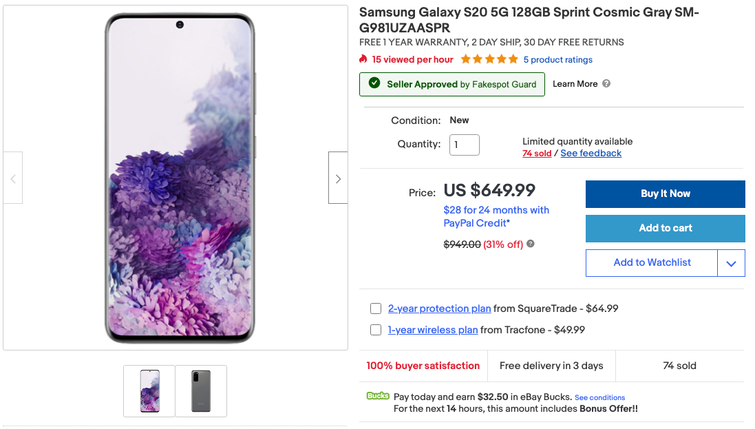 Sprint Galaxy S20 discounted to $650 ($350 off) on eBay