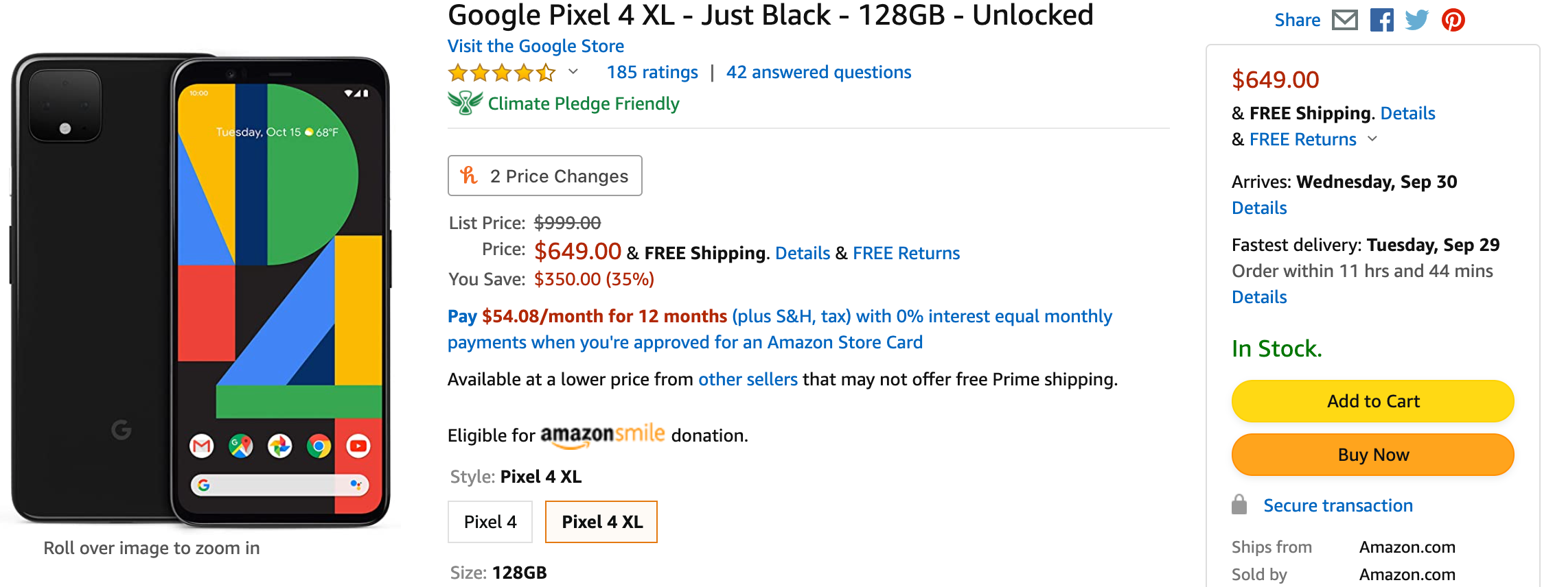 Pick up a Pixel 4 XL with 128GB of storage for just $650 from Amazon ...