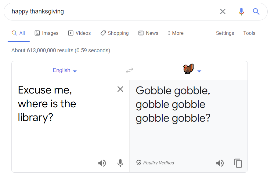 Google offers English to turkey translation for Thanksgiving