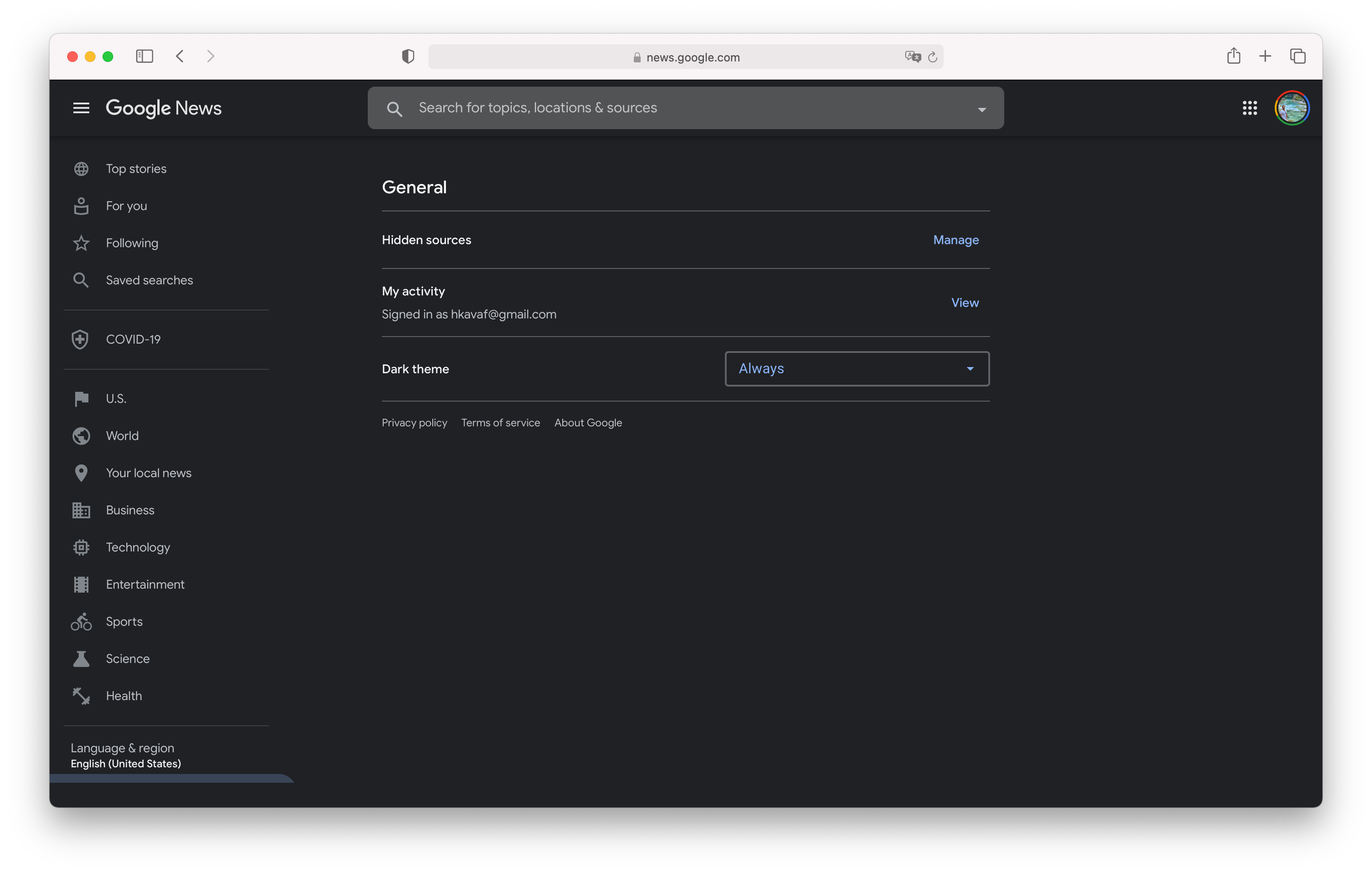 Dark mode comes to Google News on the web
