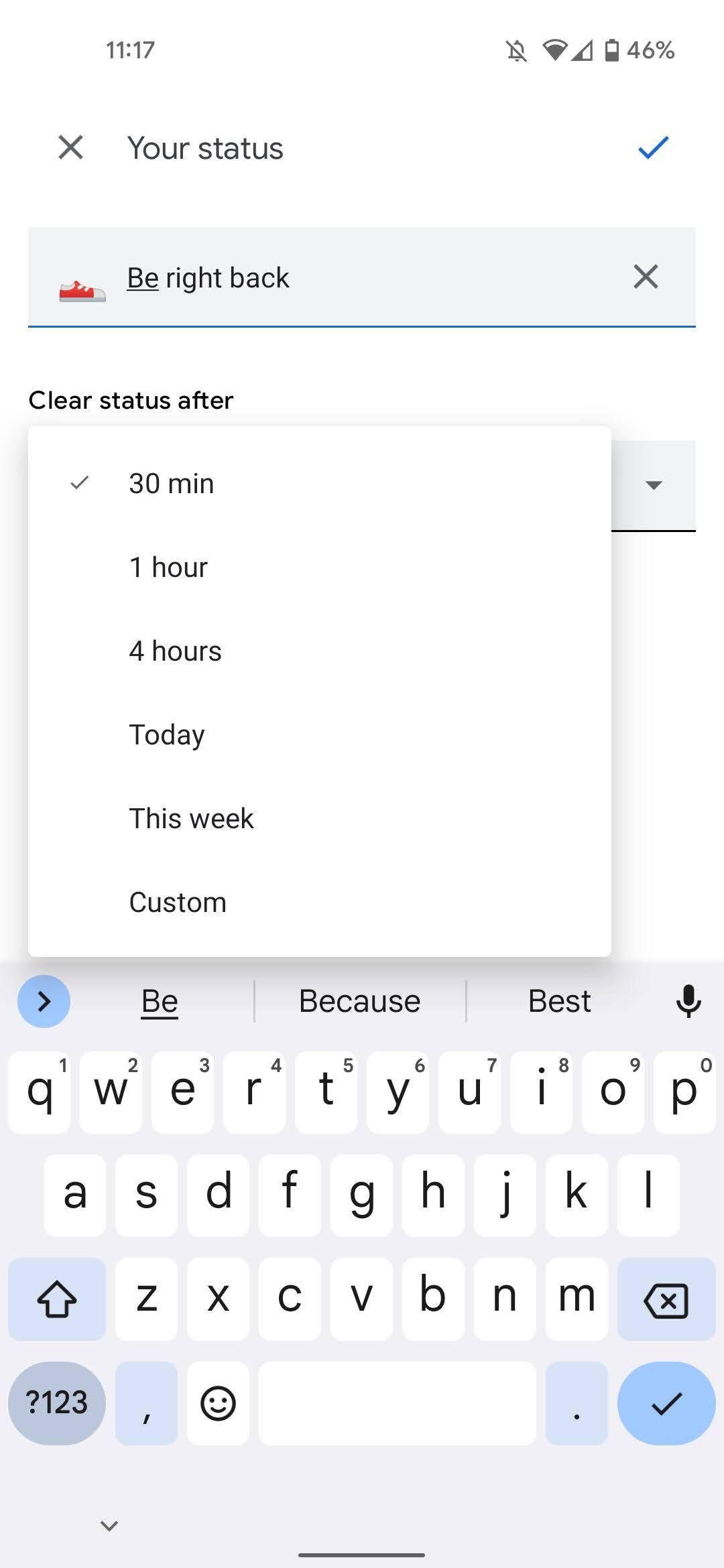 Google Chat's custom statuses are now live on mobile devices