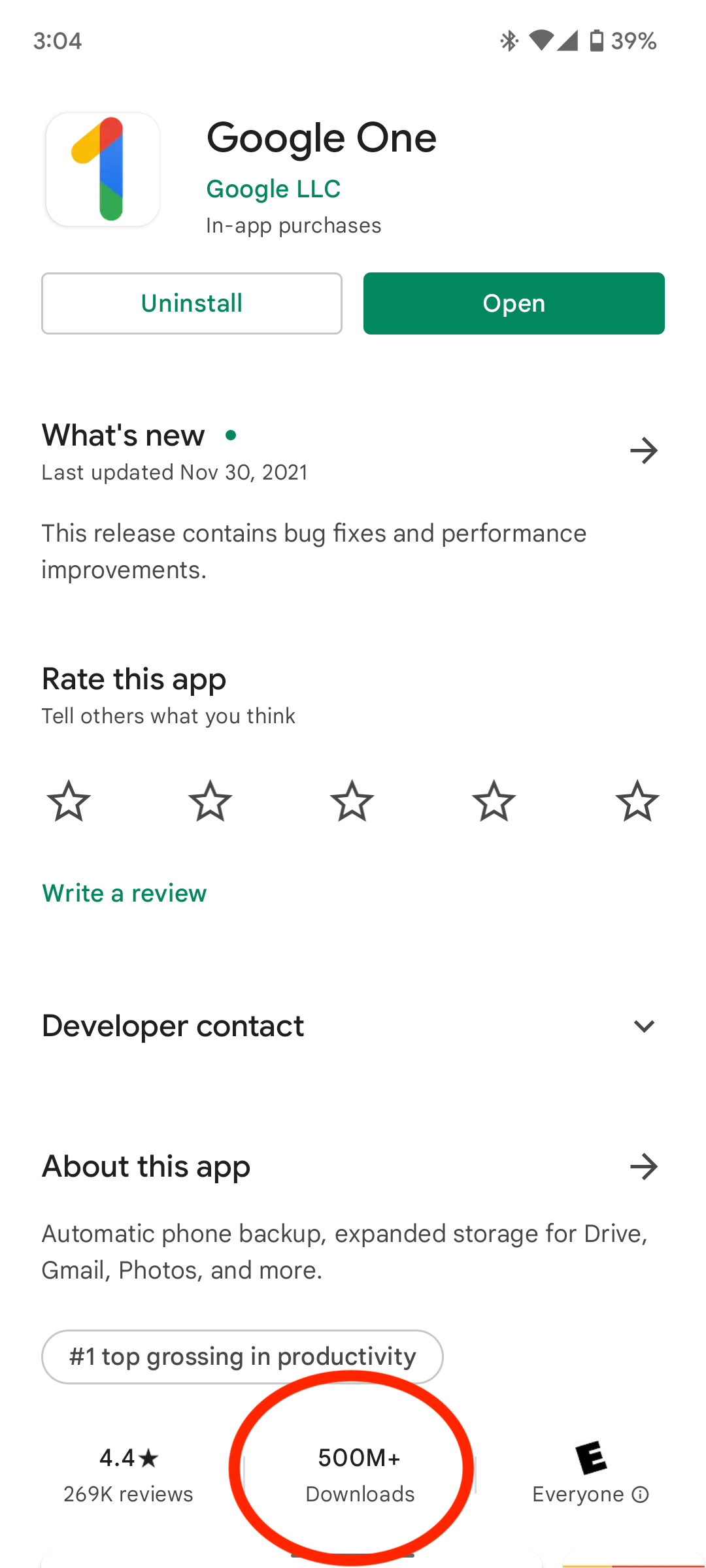 Google One has unsurprisingly hit 500 million installs on the Play Store