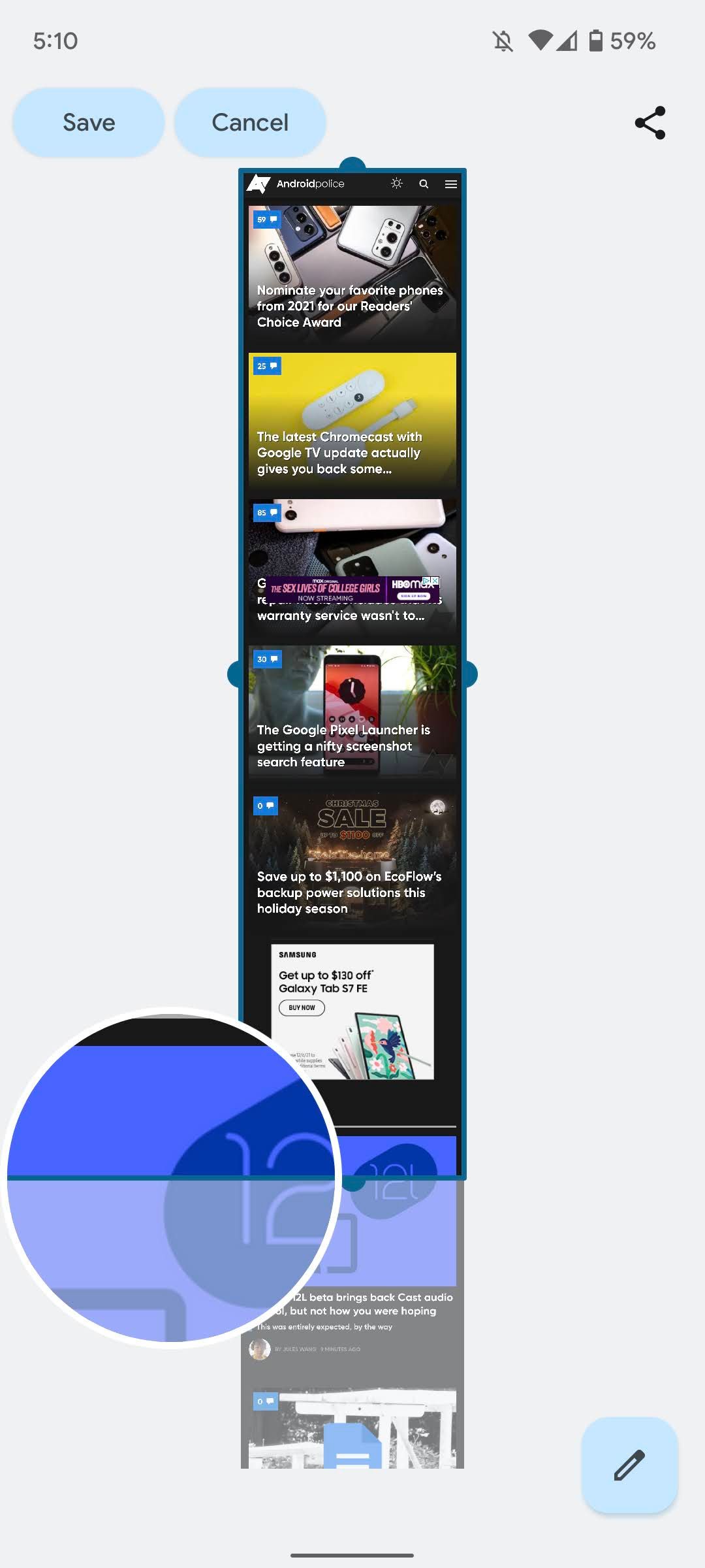 Chrome finally works with Android 12's scrolling screenshot tool