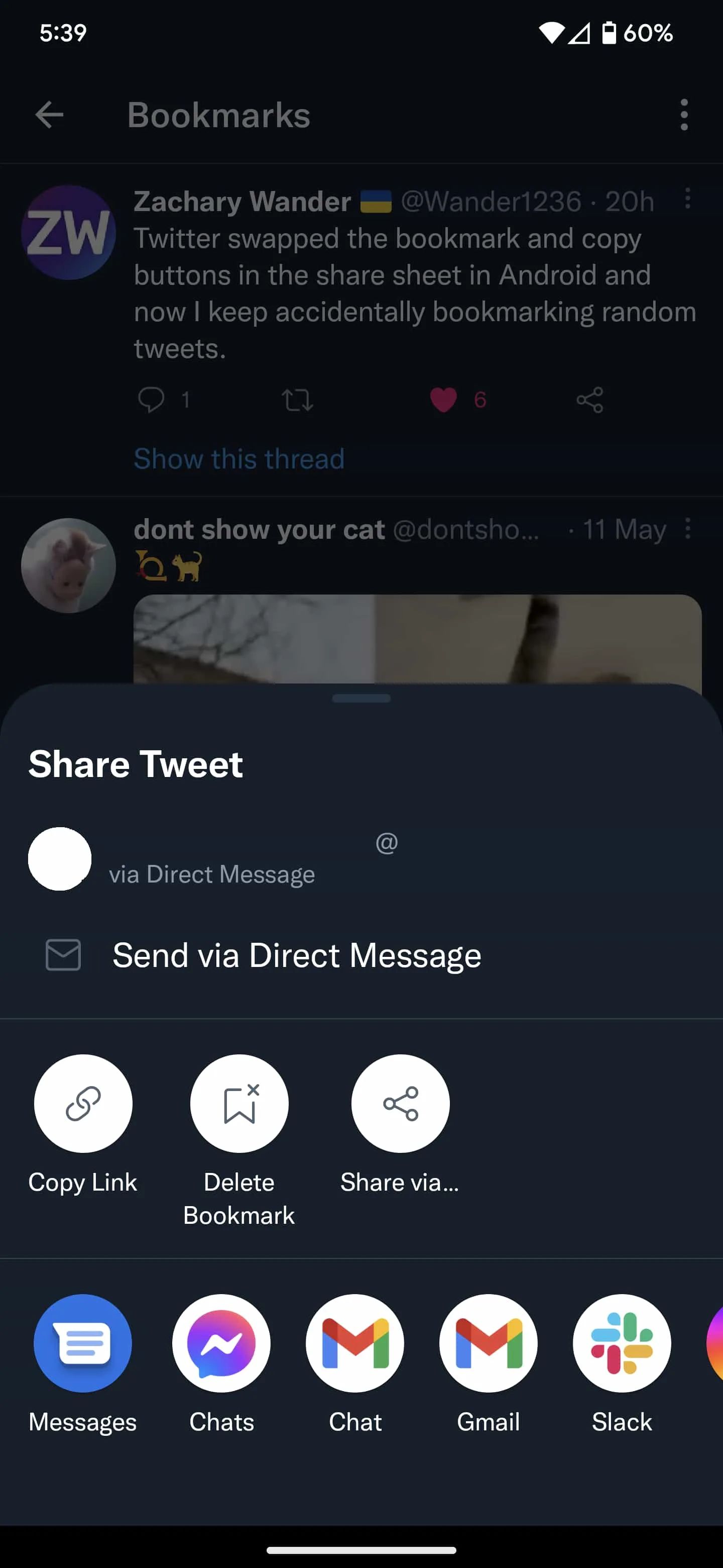 Twitter app creates confusion by switching Copy Link and Bookmark buttons