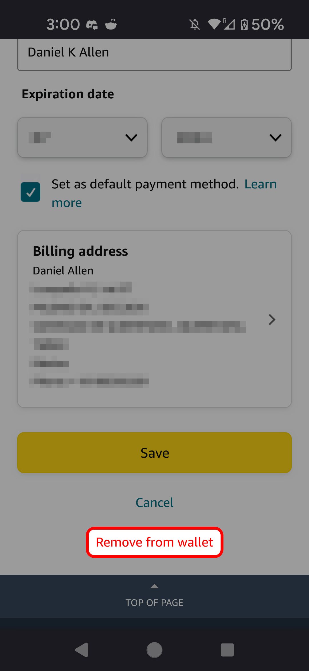 How to delete a credit card from the Amazon app or website