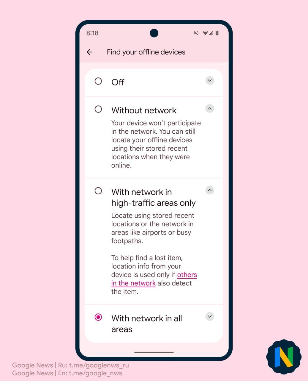 Settings for Google’s Find My Device network are taking shape