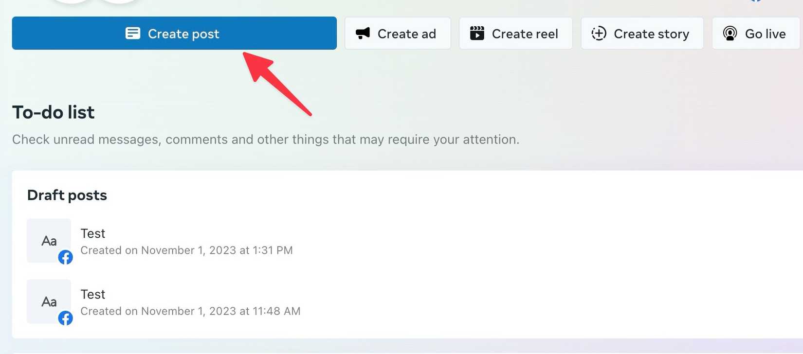 Facebook: How to find your post drafts