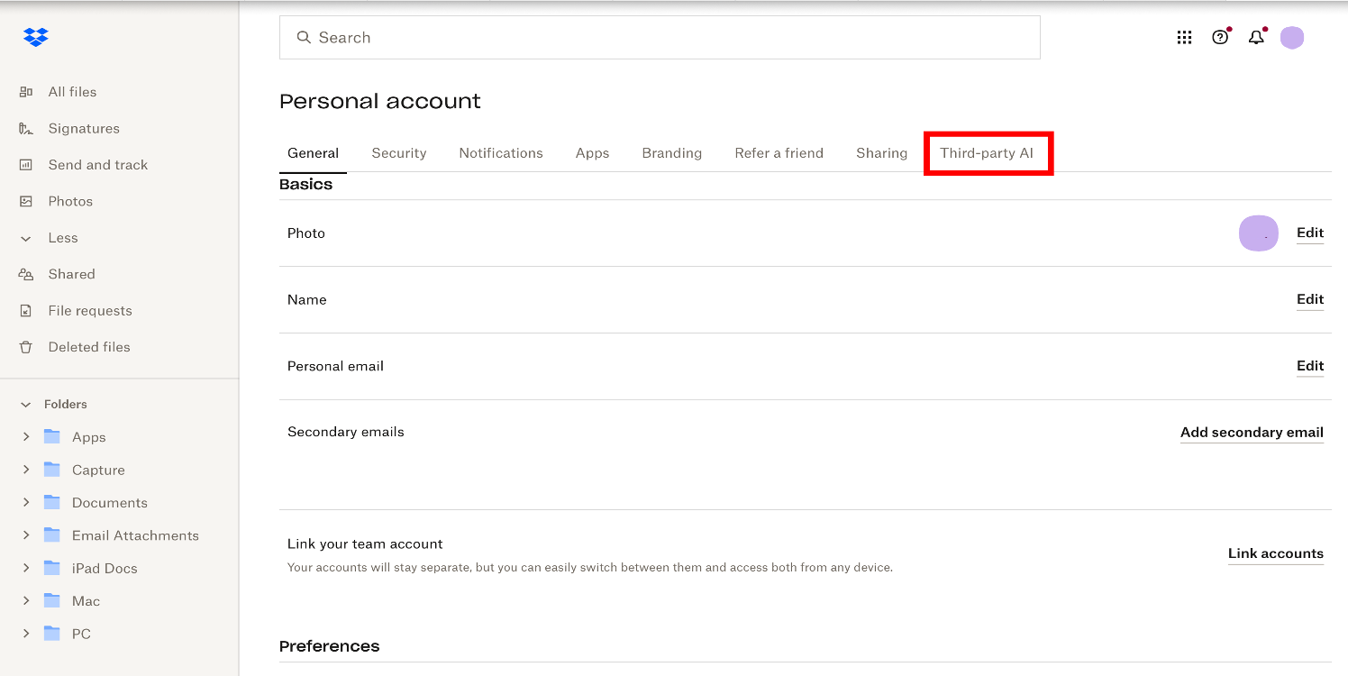 Dropbox: How to turn off features that share your files with OpenAI