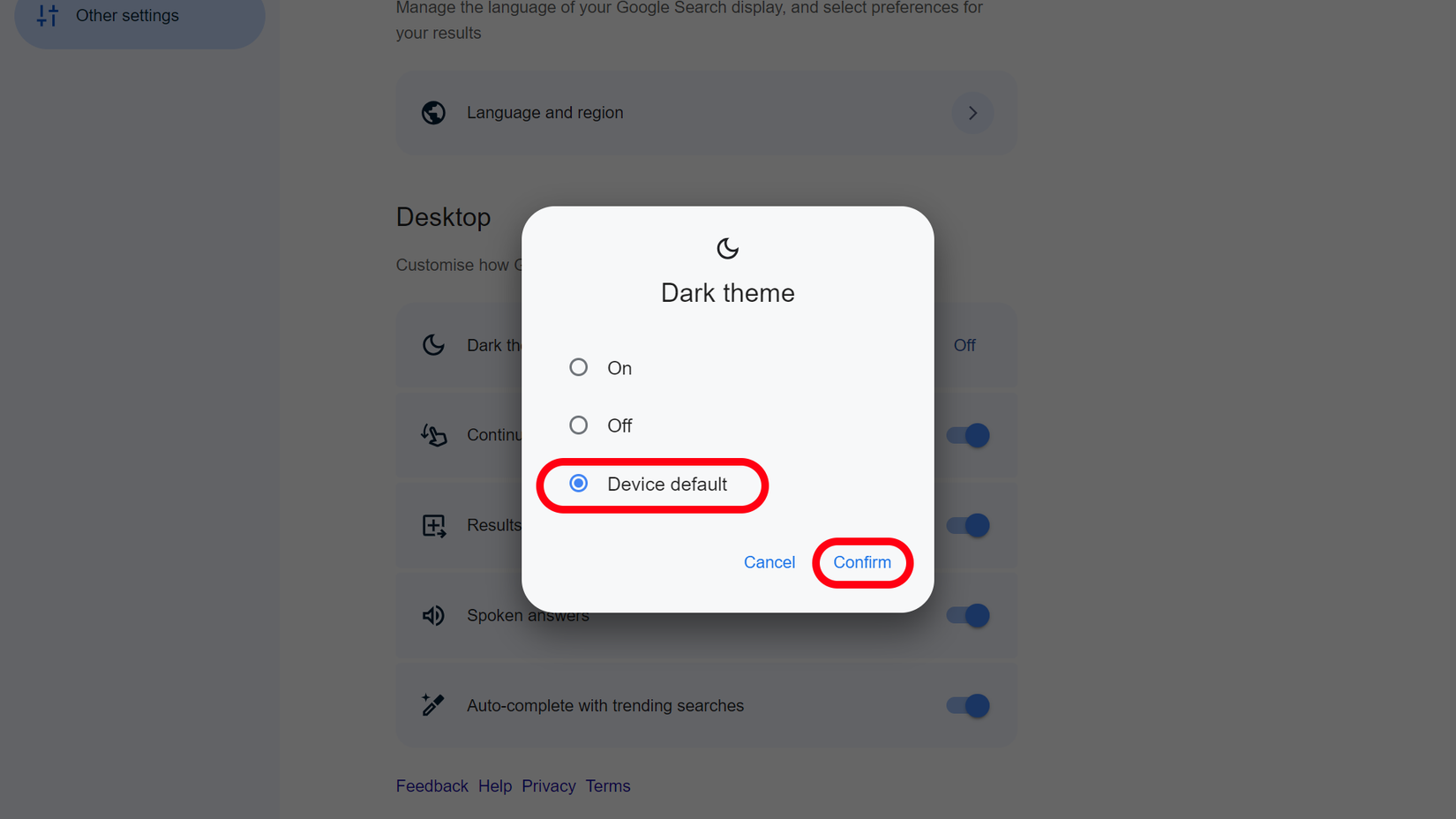 How to turn off Google Search's dark mode