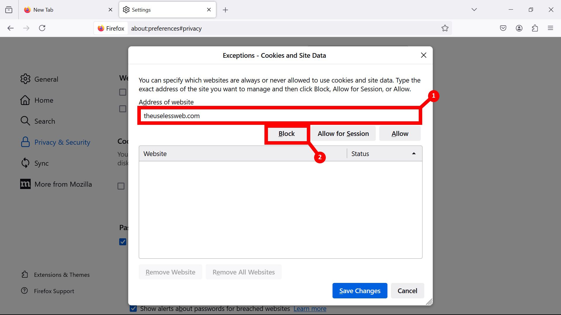 Mozilla Firefox: How to block a specific website