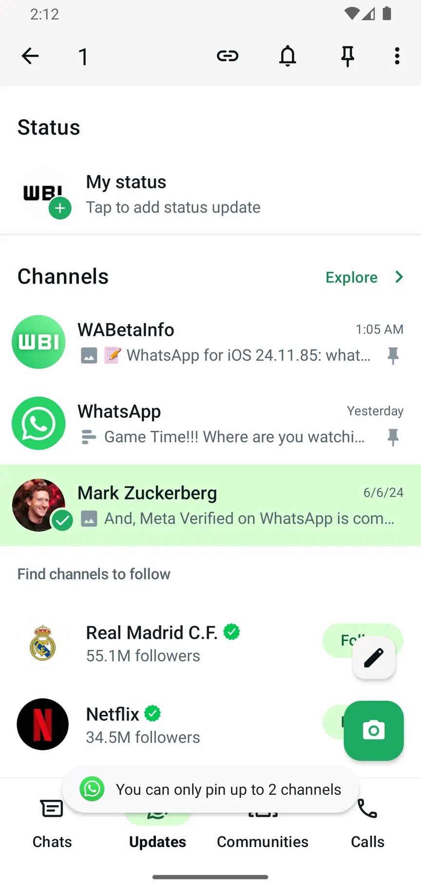 WhatsApp may soon let you pin more than one Channel