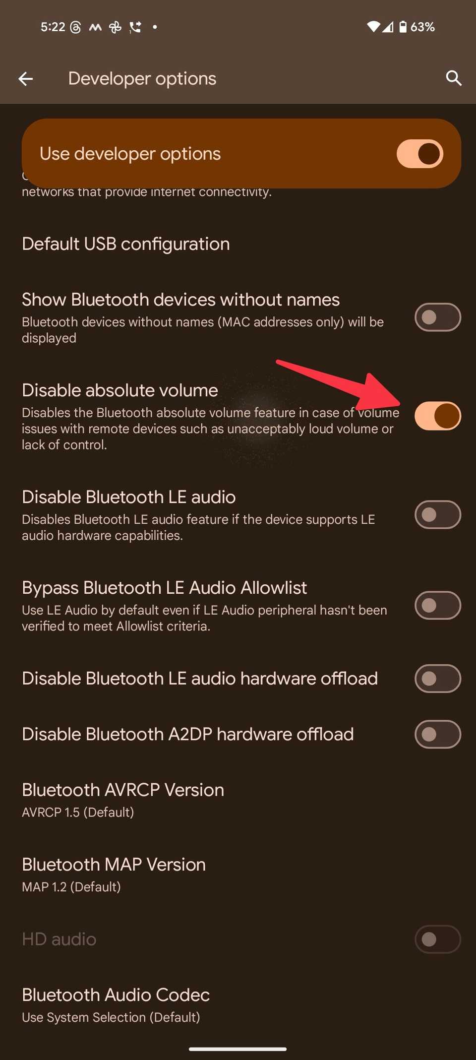 How to turn off Bluetooth absolute volume on Android